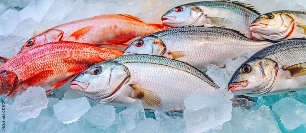 A group of rayfinned fish sit gracefully on top of the ice, their fins ...