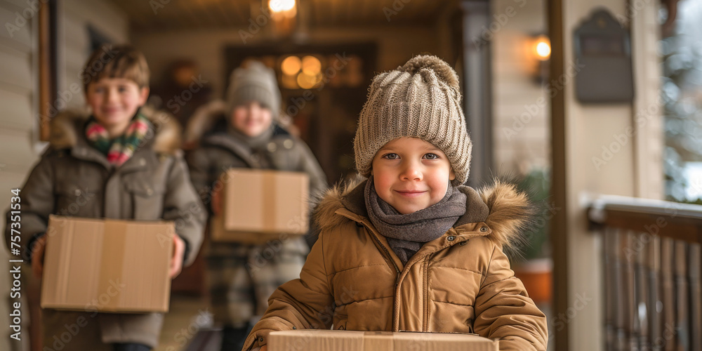In this photo, a couple of kids are standing next to several boxes ...