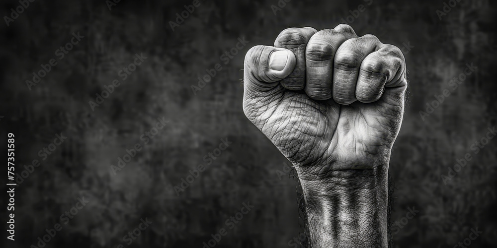 This black and white photo captures a powerful fist clenched tightly ...