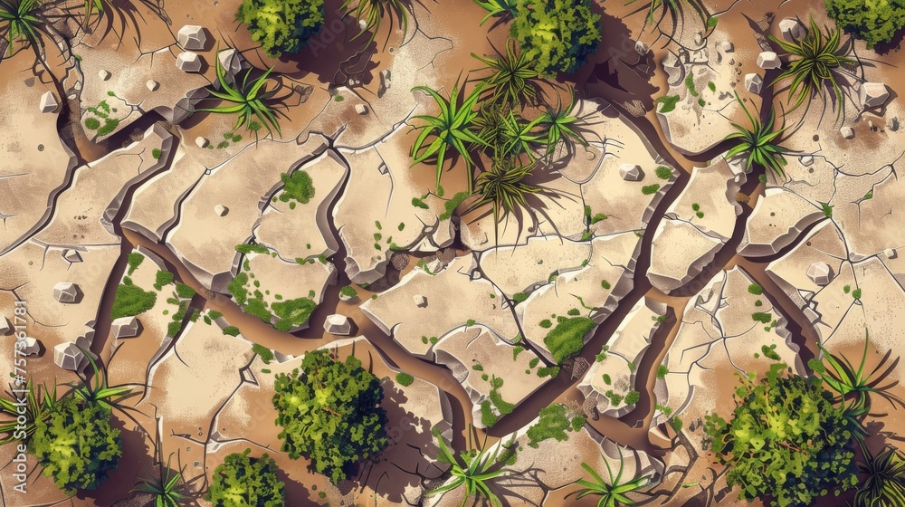 Cracked ground top view, cracking holes in the ruined land surface ...