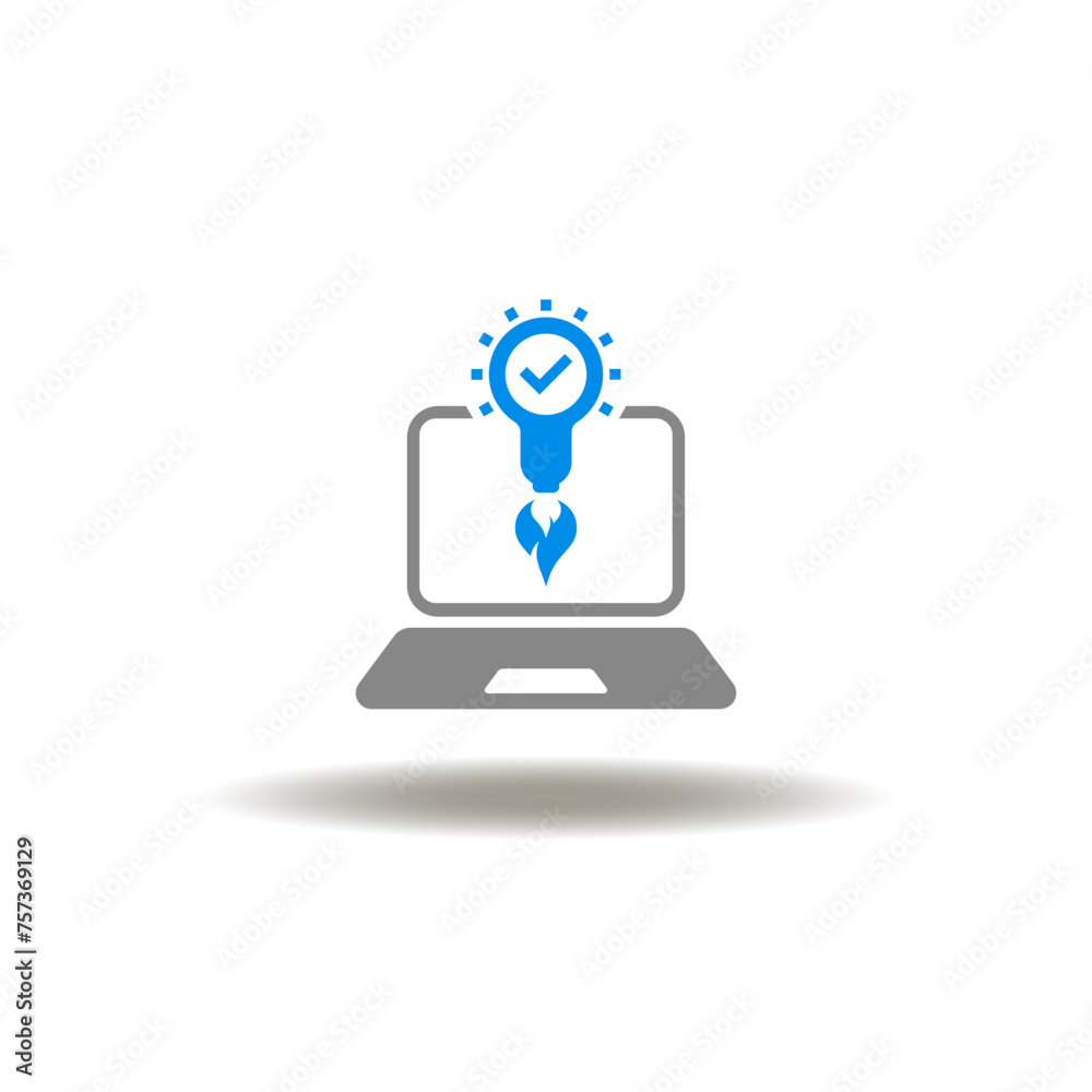 Vector illustration of laptop and lightbulb spaceship with check mark ...