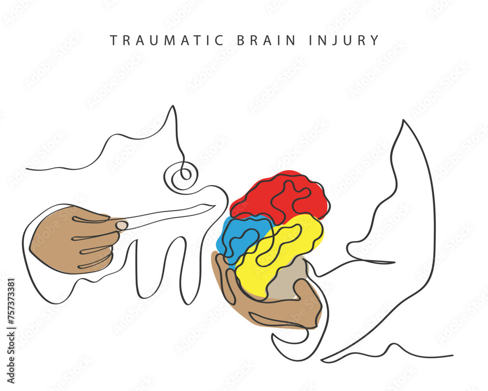 Hand drawn line art depicting Brain Injury. Traumatic Brain Injury ...