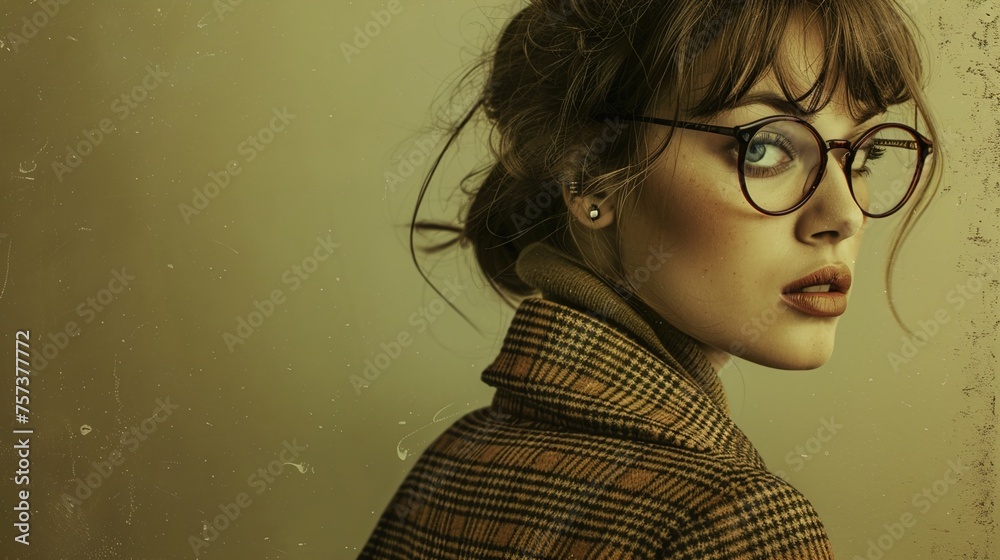 A poster design featuring a model wearing glasses, set against a solid ...