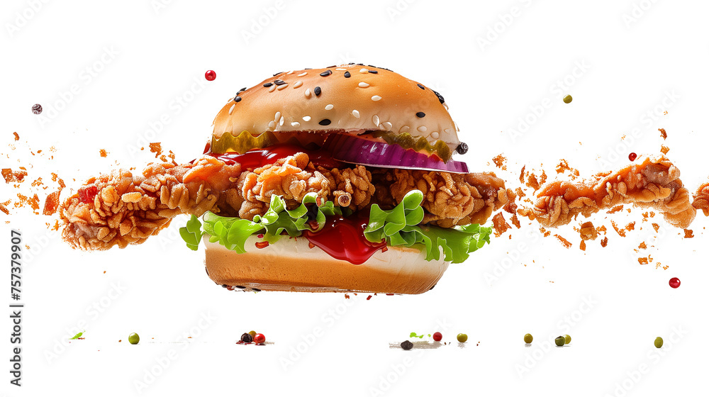 falling chicken burger cutout, chicken burger isolated on transparent ...