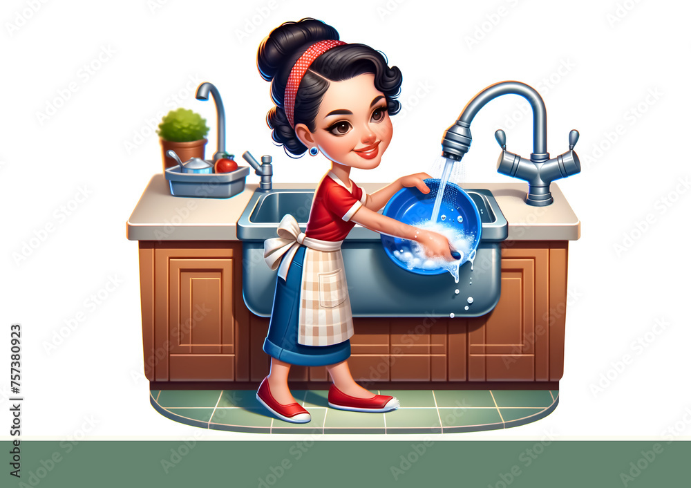 Digital Illustration of a Woman Washing Dishes in a Caricature Kitchen ...