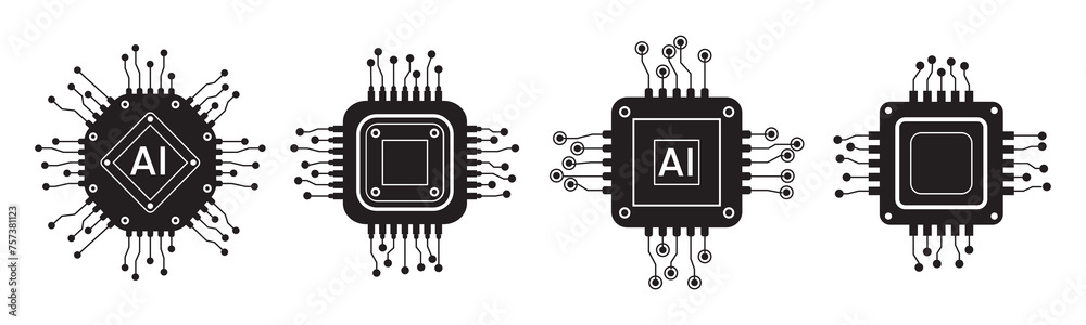 Vector computer electronic chip black shapes AI icons set. Silhouette ...