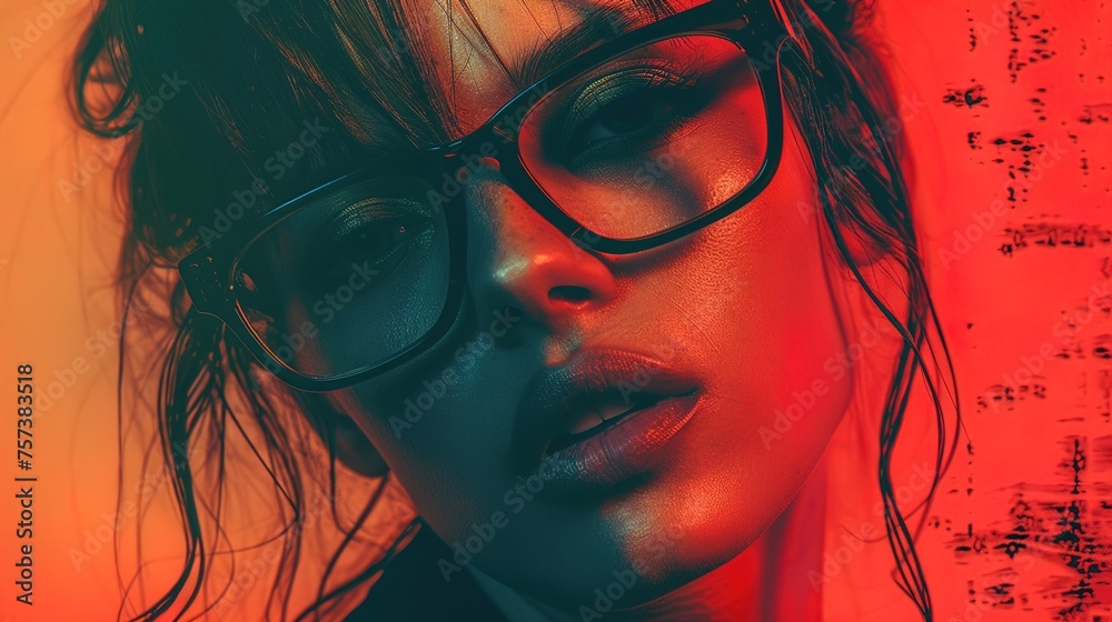 A poster featuring a model wearing glasses, set against a solid ...