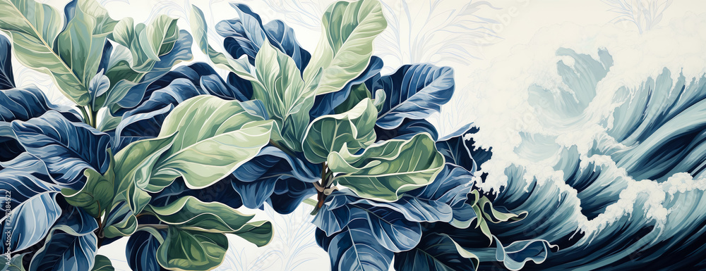 Abstract pencil color drawing art of Fiddle Fig plant leaves pattern ...