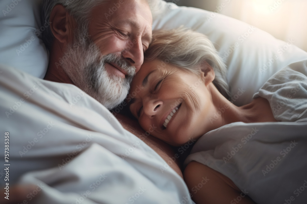 Close up, Happy elderly couple cuddling in bed. Romantic feelings. Love ...
