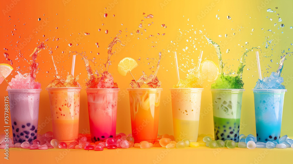 Different flavored bubble teas creating a vibrant splash against an ...