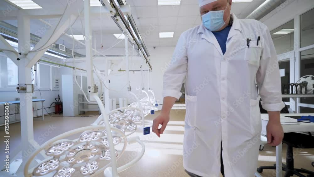 Medical worker is handling the testing of surgical light production ...