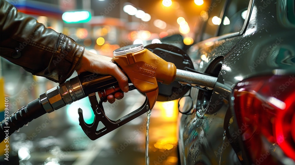 A man is filling up his car with gas. The gas station is lit up at ...
