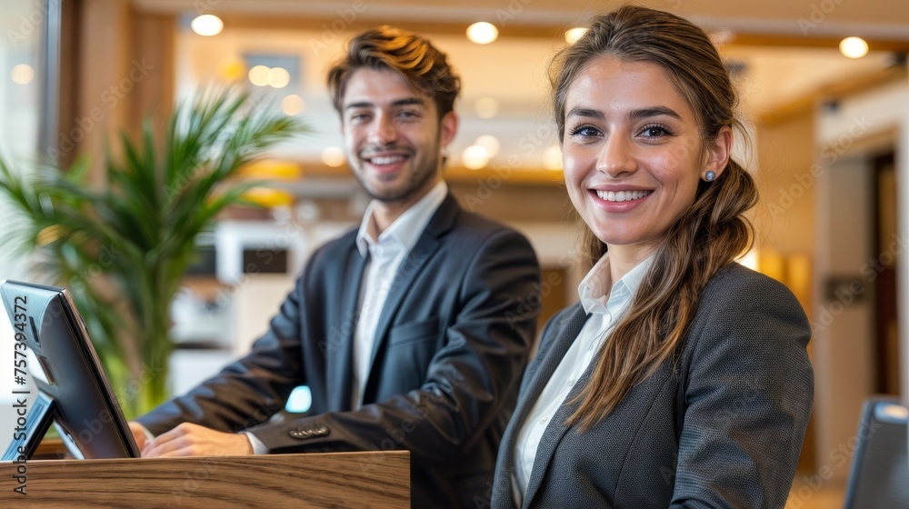 Photograph of the reception of a modern hotel. The two young men look ...