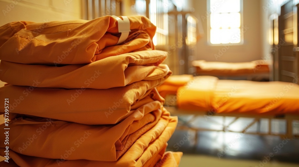 orange prison suit folded washed inside the prison in a cell in high ...