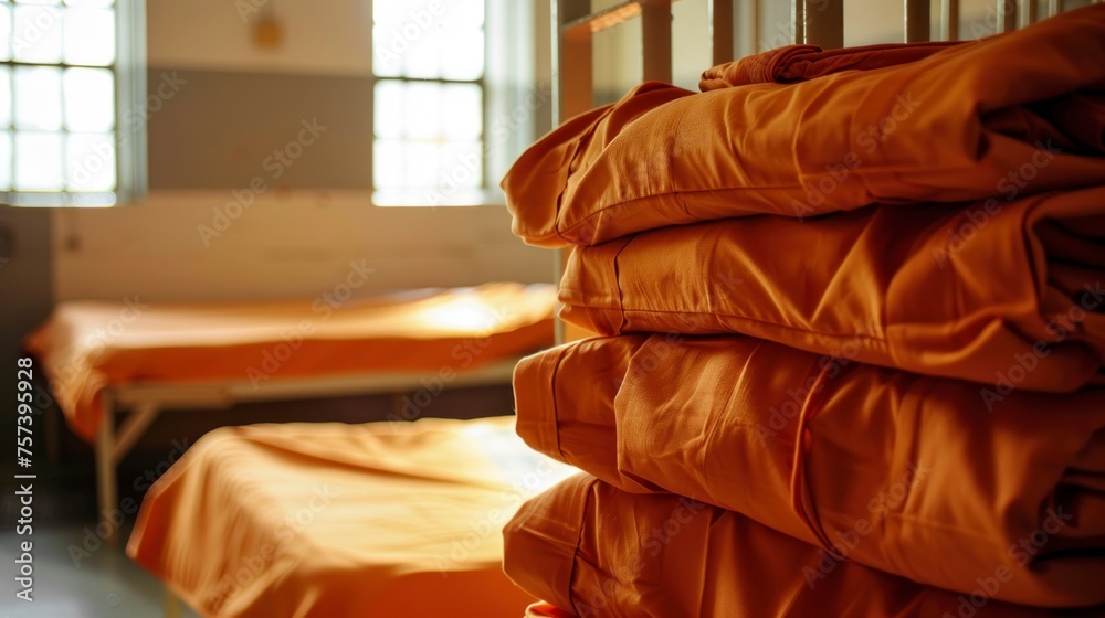 Folded orange prison suit washed inside the prison in a cell in high ...