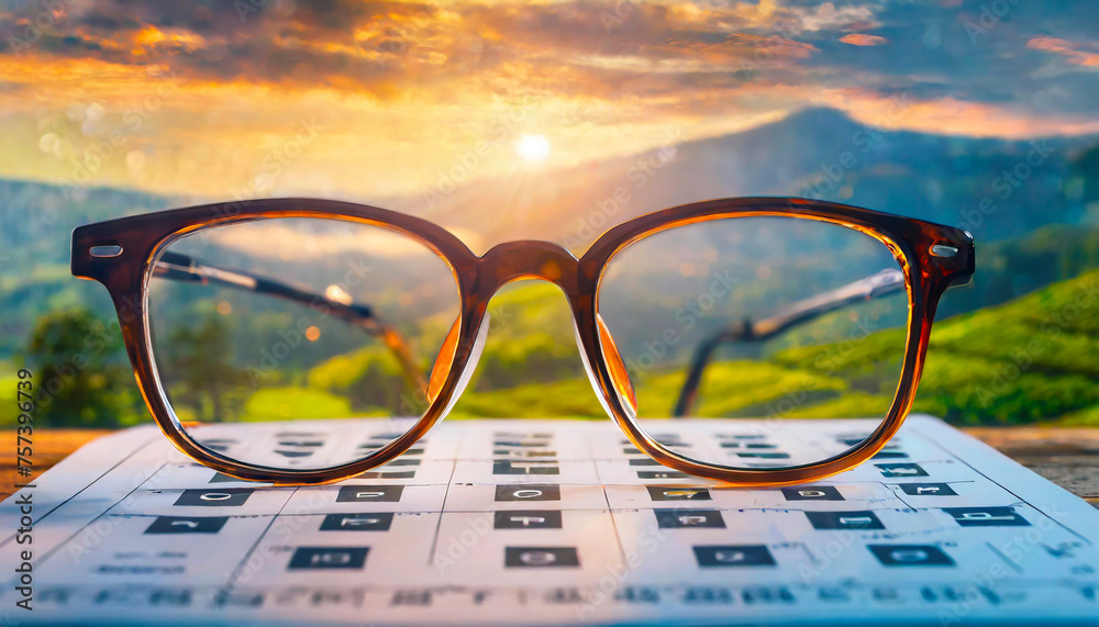 Eye vision test chart seen through eye glasses. Prescription glasses ...