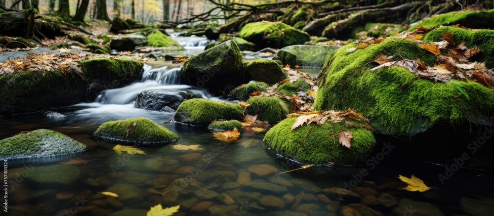 A stream meanders through a forest, flanked by mosscovered rocks and ...