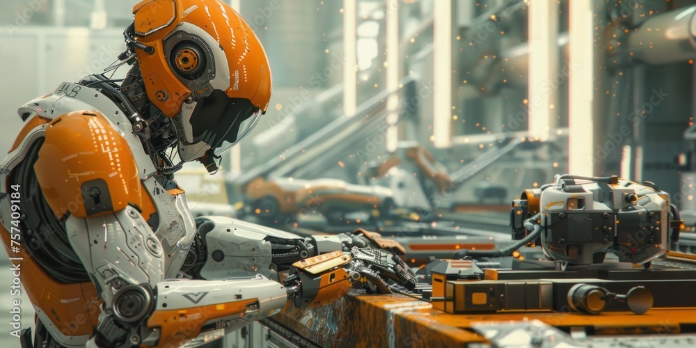 A cyborg working on an assembly line. A humanoid robot working in an ...