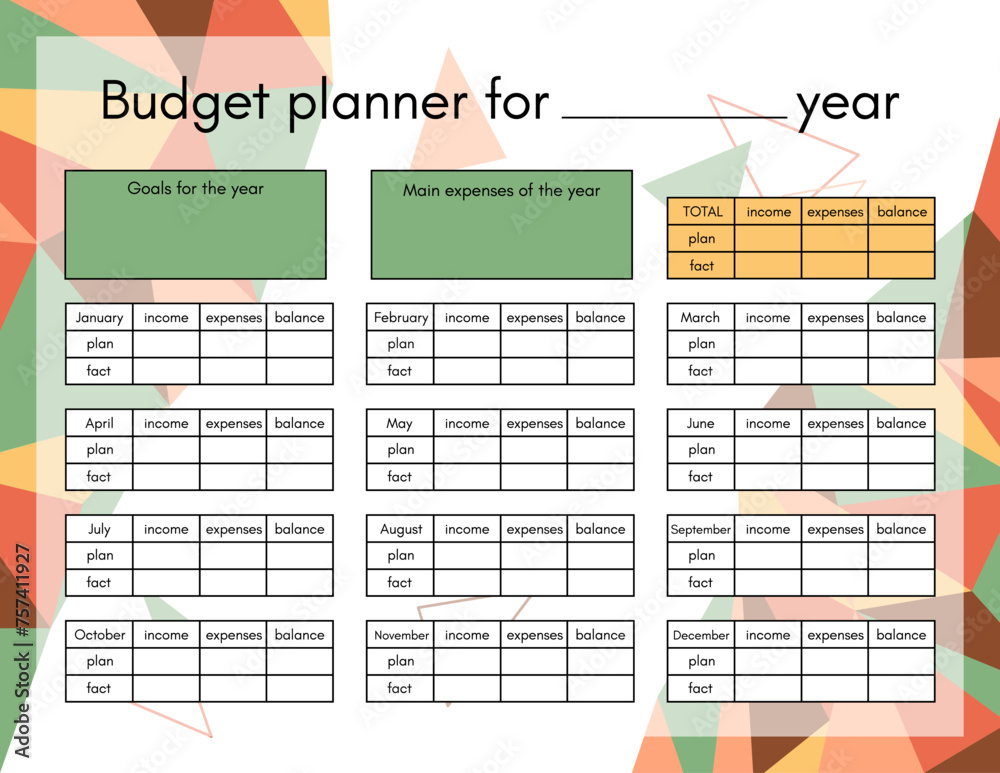 Budget planner yearly template page. Financial plan of incomes ...