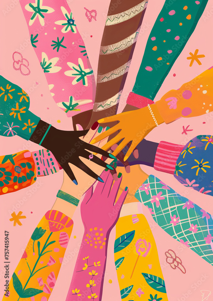 Charity, artwork and illustration of colourful hands together for ...