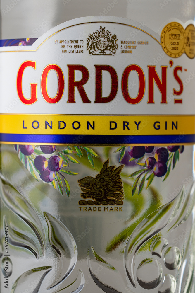 Label and trademark of Gordon's gin on bottle, closeup. Gordon's is a ...