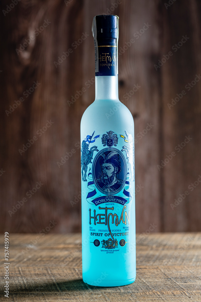 One bottle of vodka Hetman Petro Doroshenko on wooden background. Vodka ...