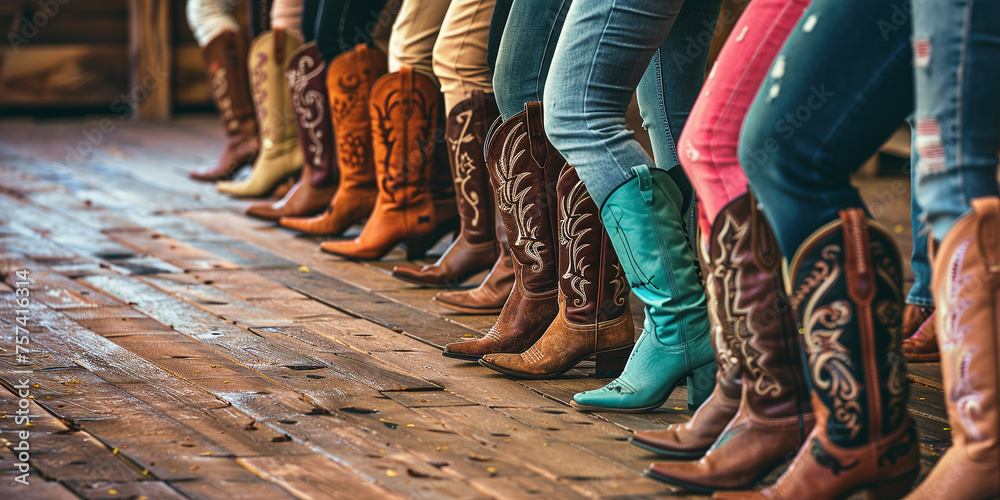 Women in cowboy boots dancing on the wooden floor Stock Illustration ...