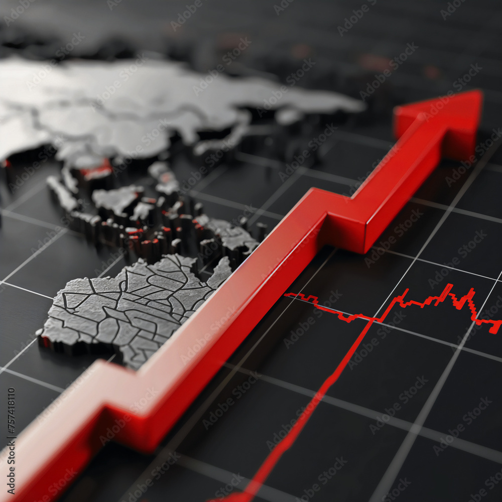 3D illustration of a red rising arrow navigating through obstacles on a stylized map ...