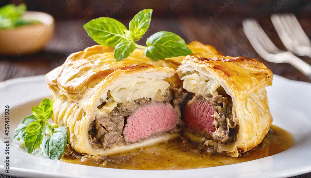 Beef Wellington, perfectly baked with flaky pastry and a mushroom ...