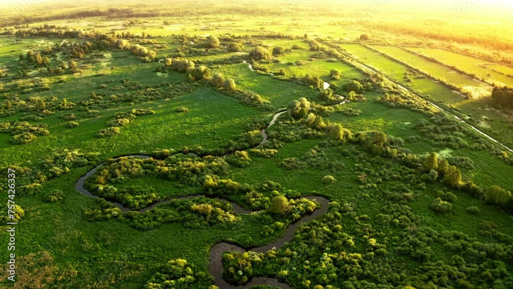 Floodplain of the river from a great height at sunset. Beautiful bends ...