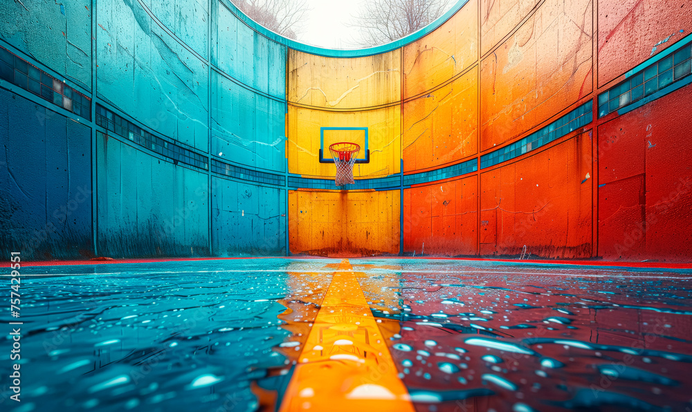 Rainy Basketball Court with Vibrant Curved Walls, Empty Urban Space ...