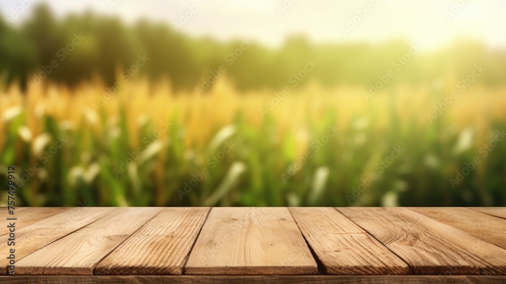 The empty wooden brown table top with blur background of corn field ...