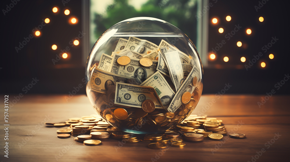 Financial World in a Glass Globe, Surrounded by Golden Coins against a ...