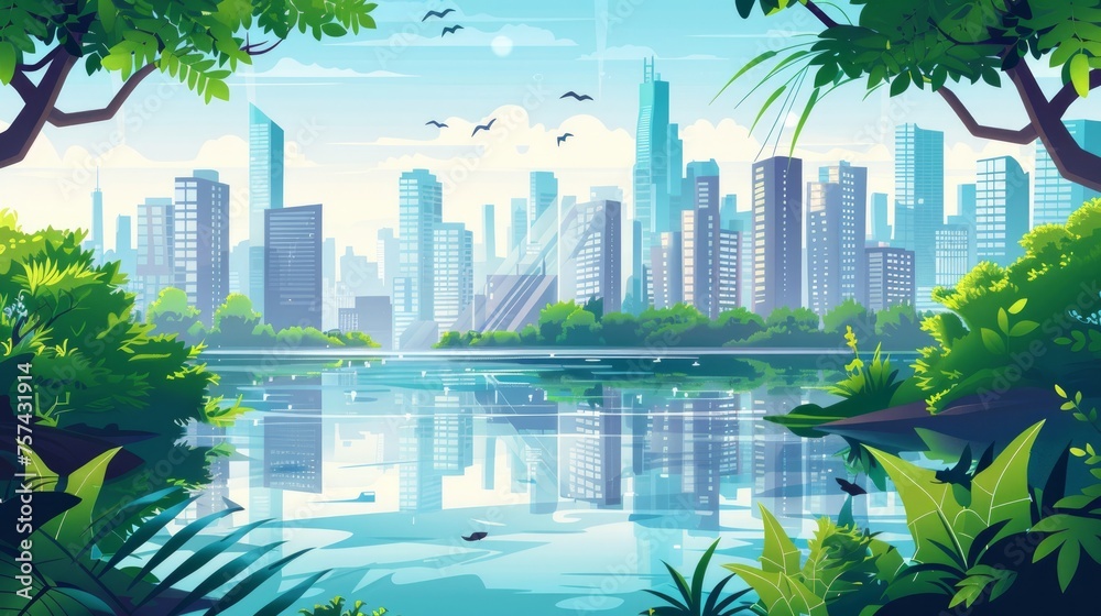 A vibrant vector illustration of a clean, green city, where urban ...