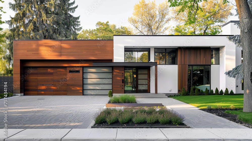 Modern ranch style minimalist cubic house with garage and landscaping ...