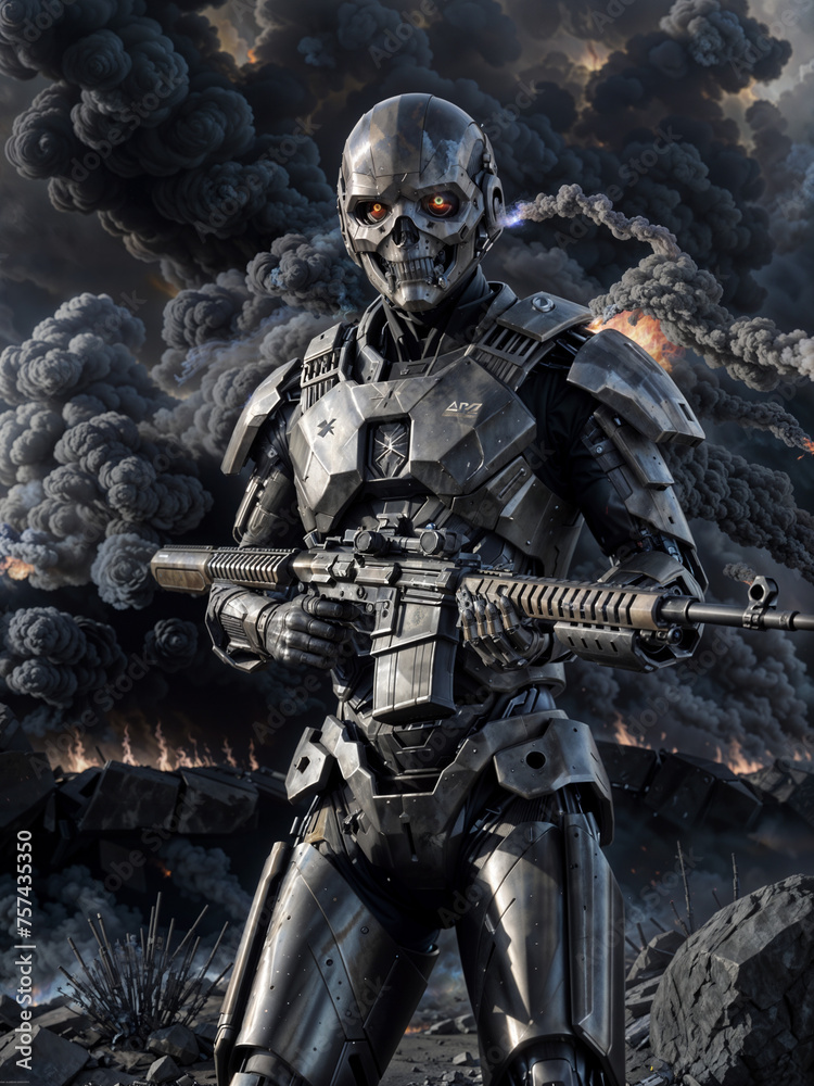 raven color, armored, armed, Terminator, with the sky clouded with ...