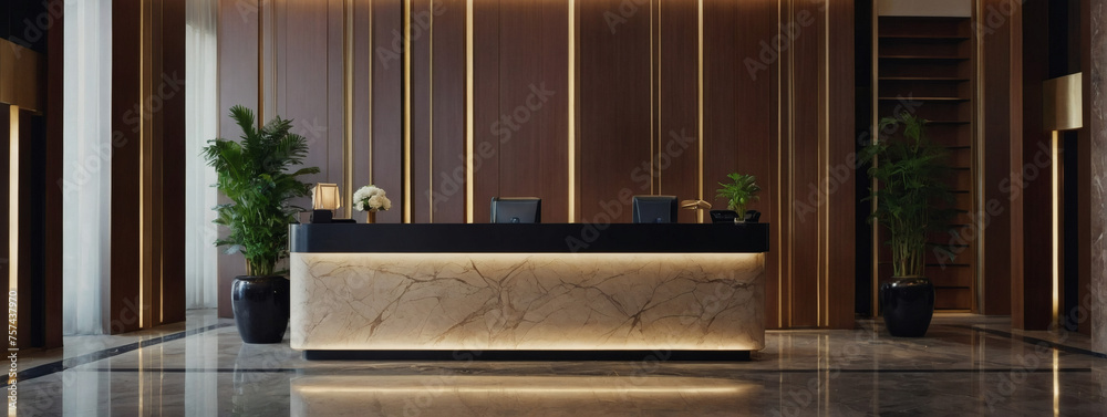 The interior of a luxury hotel lobby, featuring a reception desk and a ...