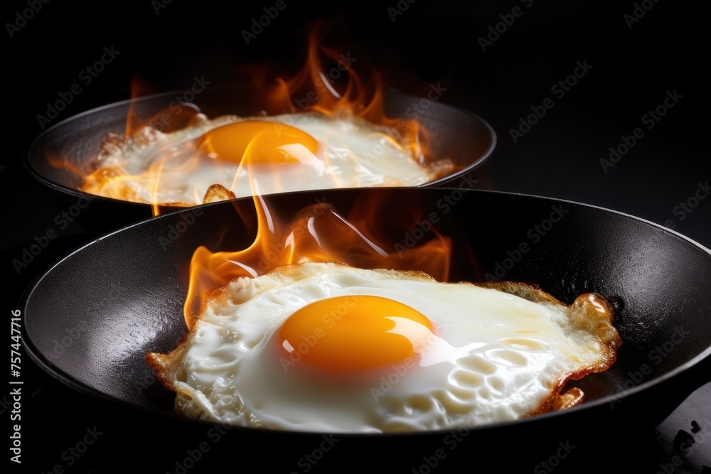 fried egg whites, beautiful, no burn marks, served on an iron pan, hot ...