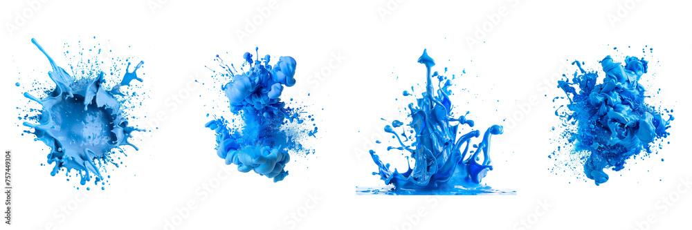 Set of blue color explosion of plastic paint isolated on a transparent ...
