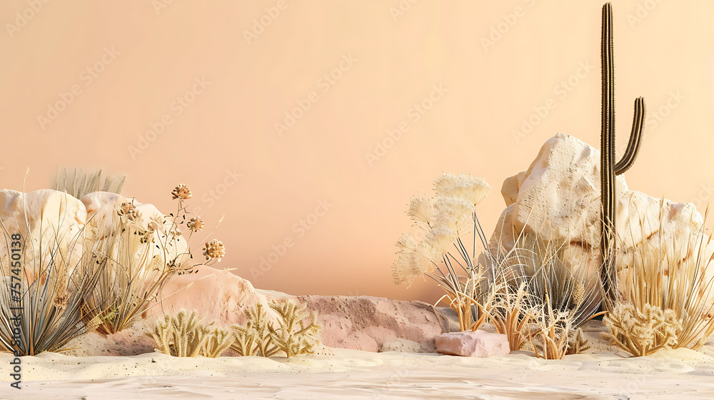 Desert landscape with cactus and rocks illustration. Pastel color ...