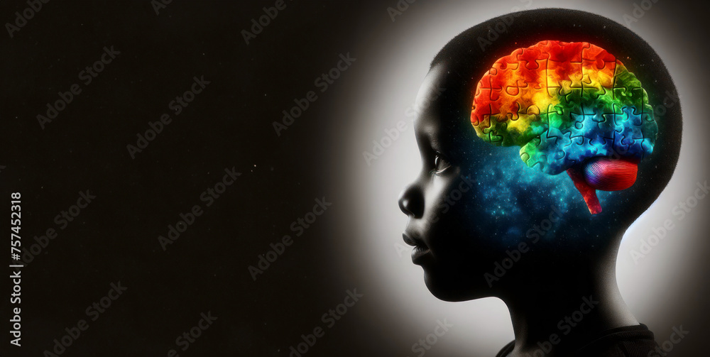Double exposure image, close-up of a dark-skinned child's head with a ...