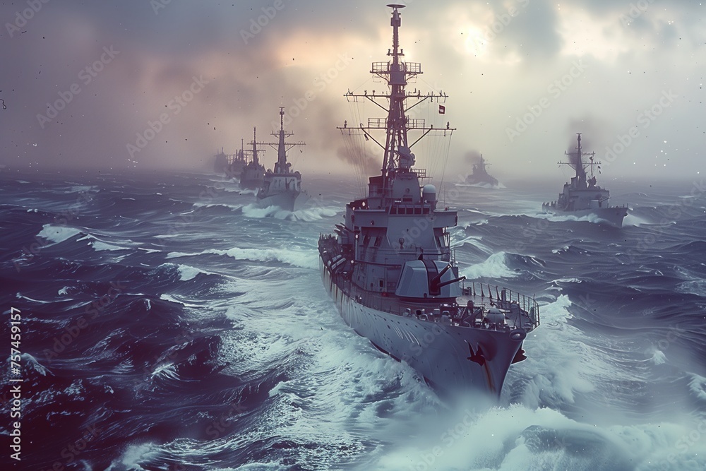Navy Fleet Maneuvers in the Middle of the Ocean Stock Illustration ...