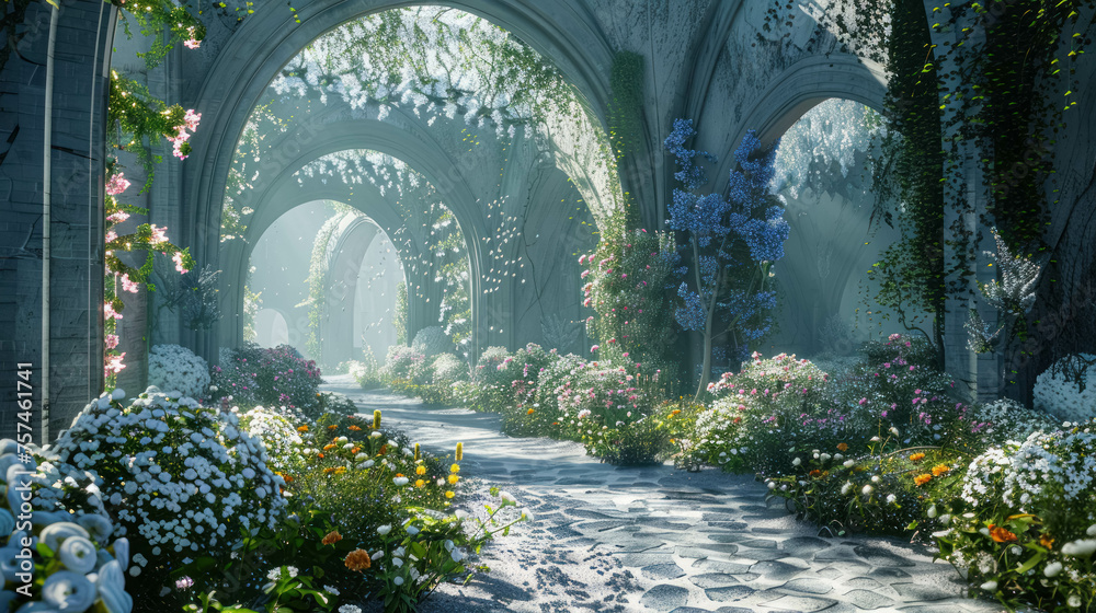 Enchanted Elven Garden of Dreams with White and Light Blue Blossoms ...