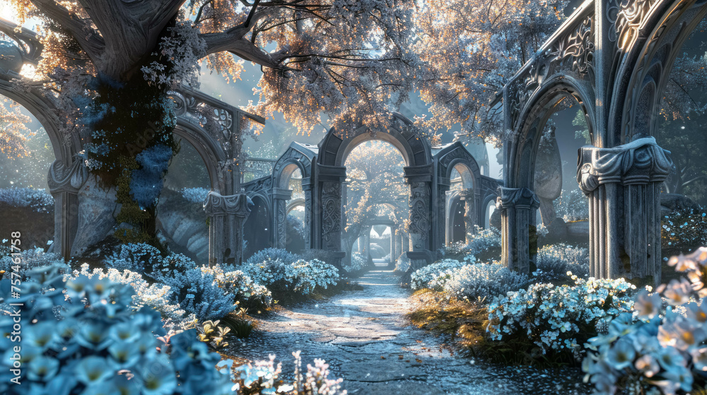 Enchanted Elven Garden of Dreams with White and Light Blue Blossoms ...