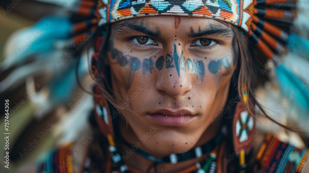Portrait of a young man in traditional Native American headdress ...