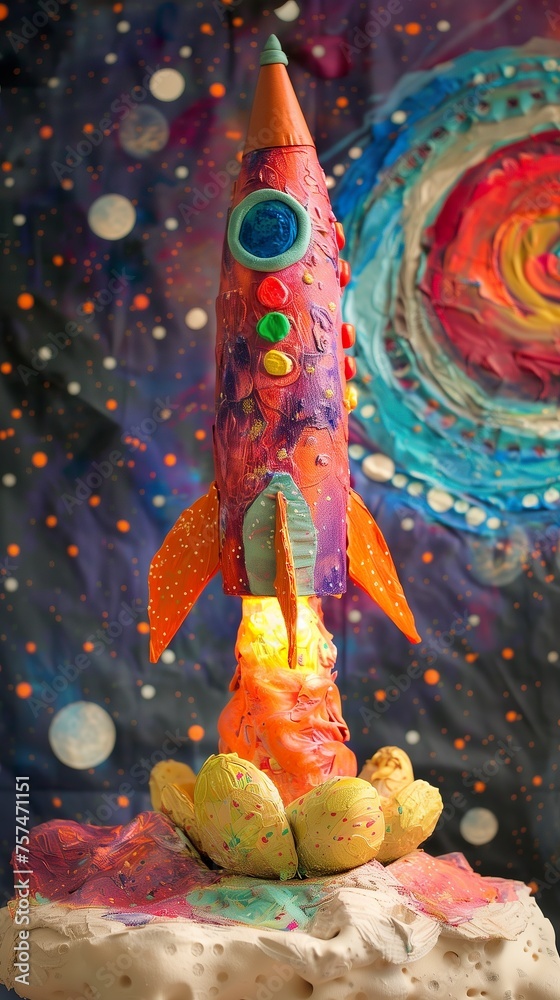 Graphic art of a rocket taking off from vibrant handmade paper mache on ...
