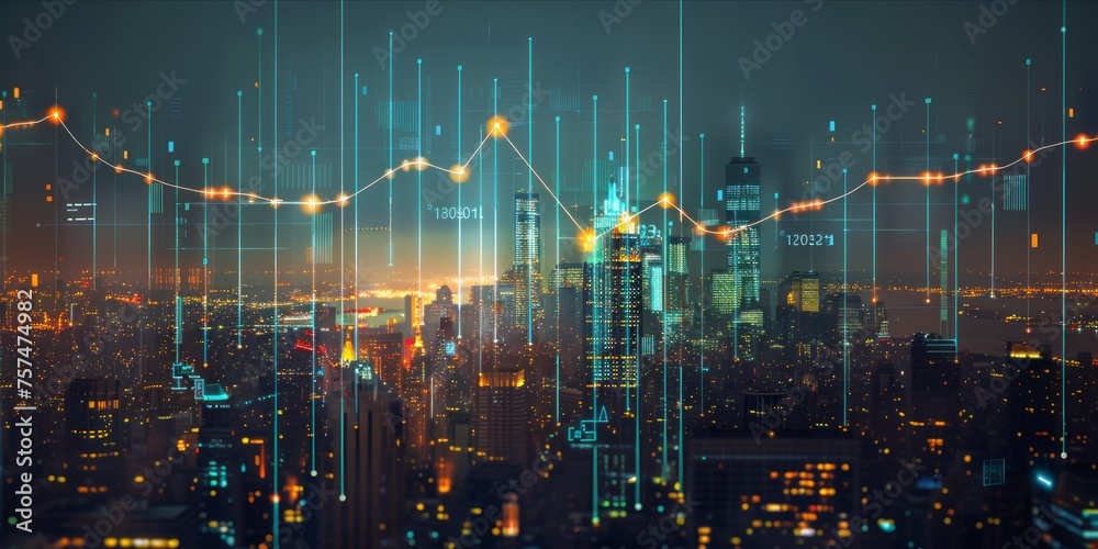 Graph lines over a city skyline at night, depicting economic growth ...