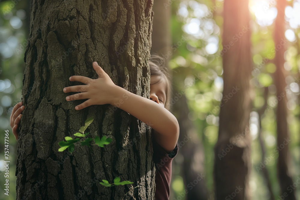 Foto de Net zero and carbon neutral concept. Child hugging a tree in ...