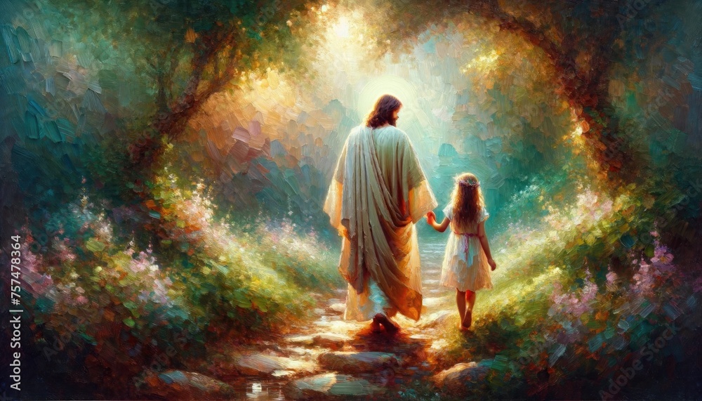 Foto de Jesus walking with a cute little girl in the forest. Rear view ...