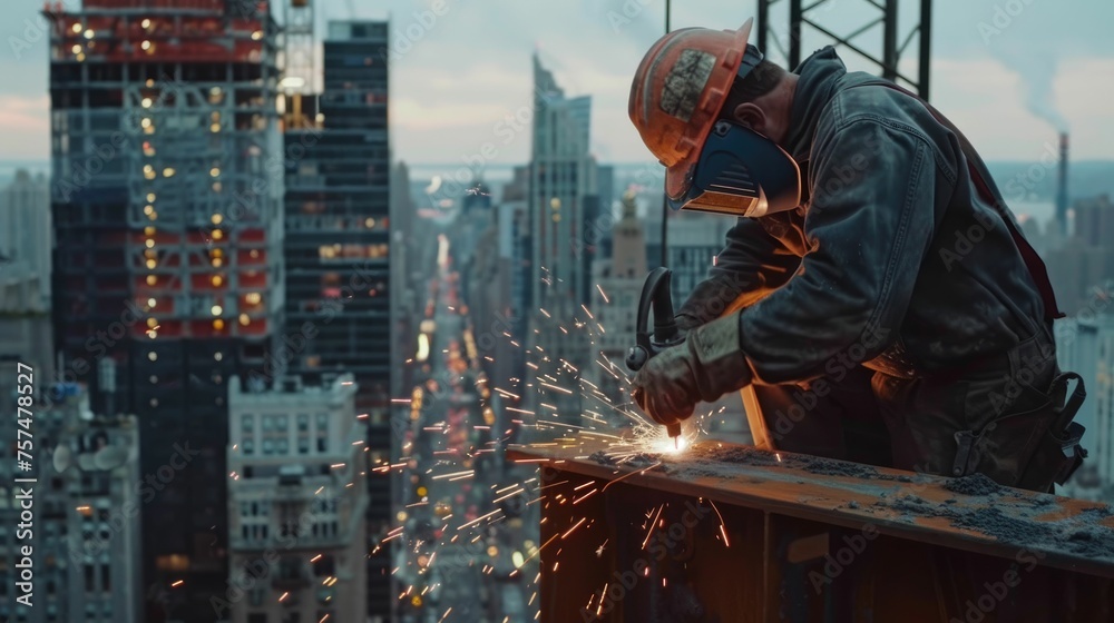 A construction worker in safety gear welds a steel beam on the edge of ...